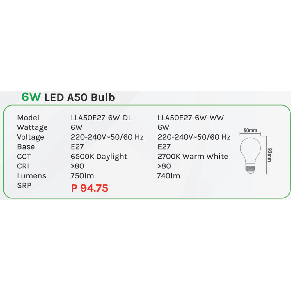 Omni 6W LED A50 Light Bulb E27 – Goldpeak Tools PH